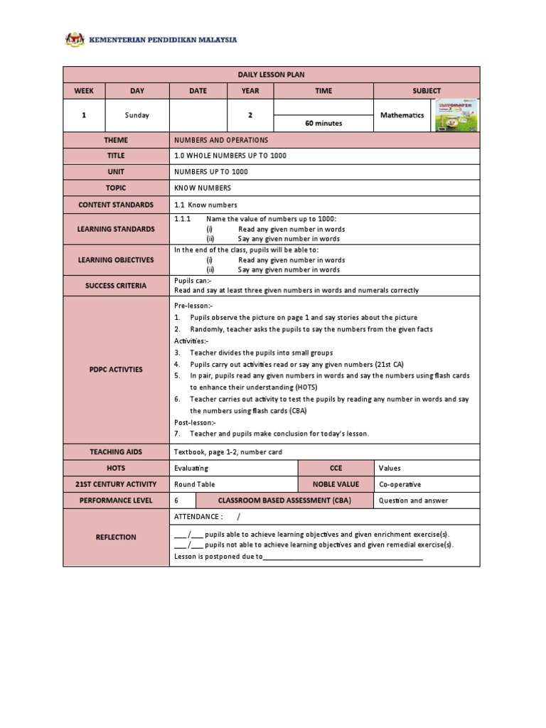 RPH MT THN 2 Tajuk 1 (M1-M6) - Eng | PDF | Lesson Plan | Teachers