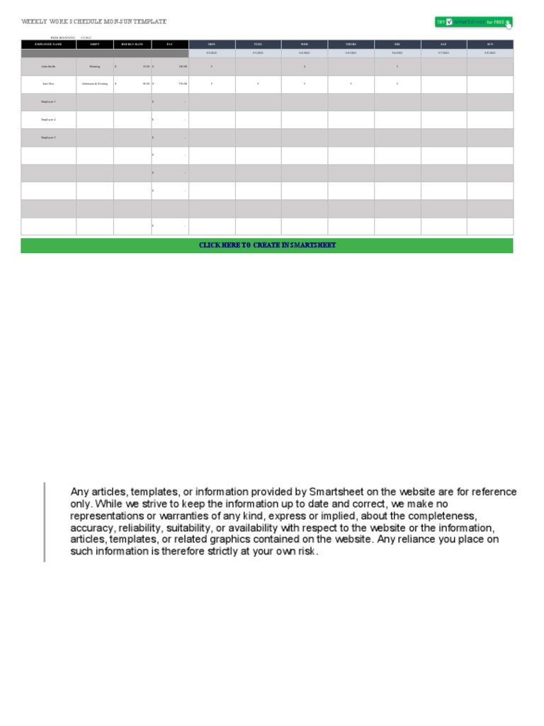 IC Weekly Work Schedule Mon Sun Template 8581 | PDF