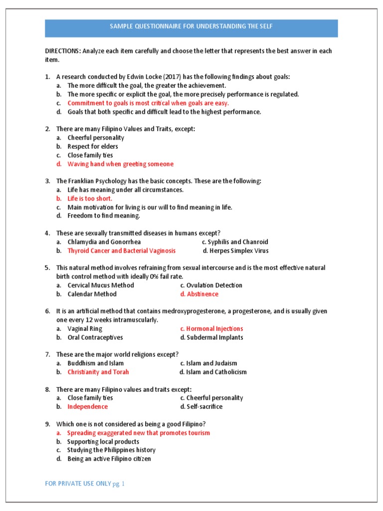 Sample Questionnaire For Understanding The Self: For Private Use Only ...