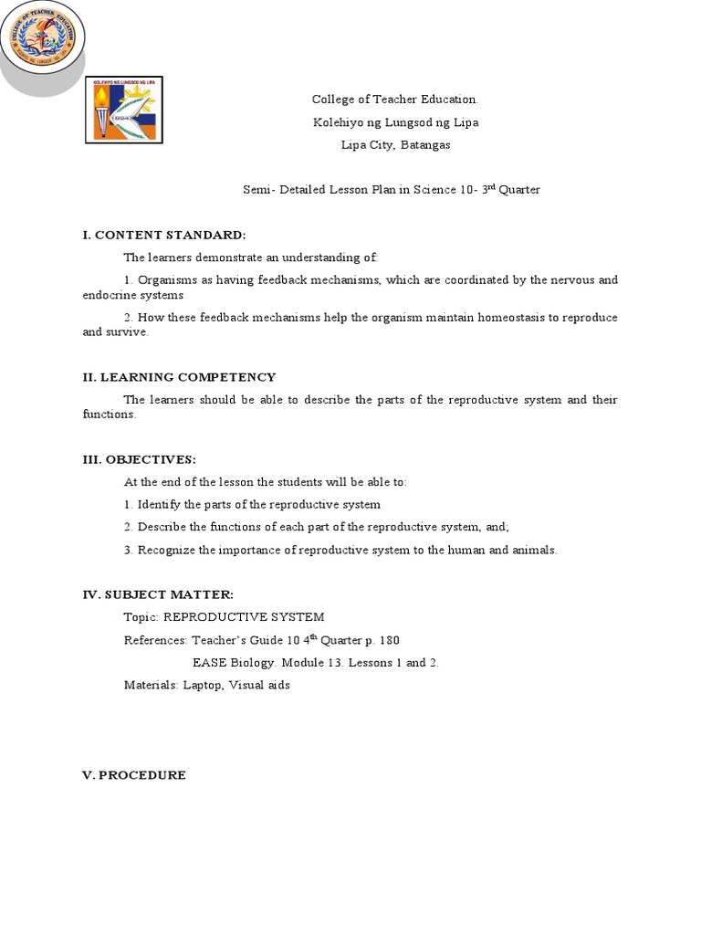 Lesson Plan 1 Reproductive Semi | PDF | Reproductive System | Reproduction