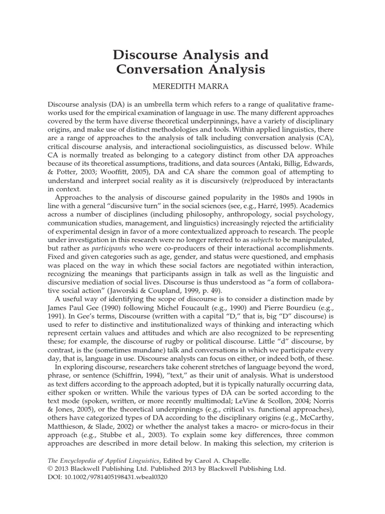 Discourse Analysis and Conversation Analysis: Meredith Marra | PDF ...