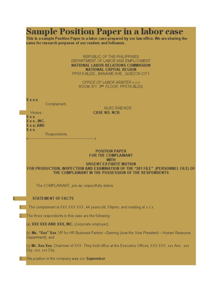Sample Position Paper in A Labor Case: Office of Labor Arbiter X X X ...