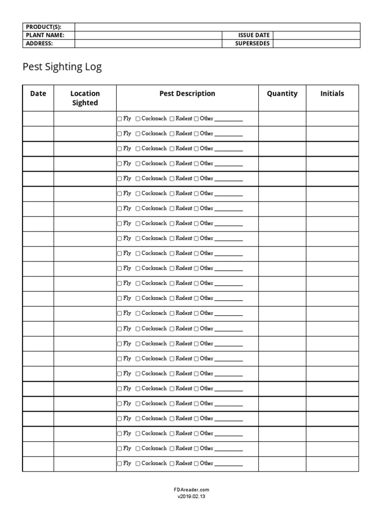 Pest Sighting Log: Date Location Sighted Pest Description Quantity ...