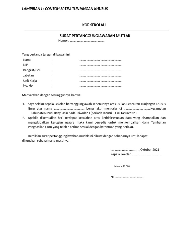 Contoh SPTJM Tunjangan Khusus | PDF