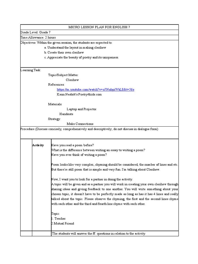 Micro Lesson Plan | Download Free PDF | Poetry | Lesson Plan