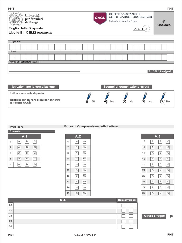 Celi I b1 Fogli Risposte | PDF