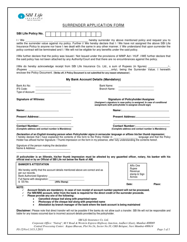 Surrender Application Form | PDF | Insurance Policy | Signature