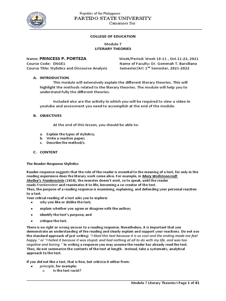 Module 7 Stylistics And Discourse Analysis Pdf Linguistics Pedagogy