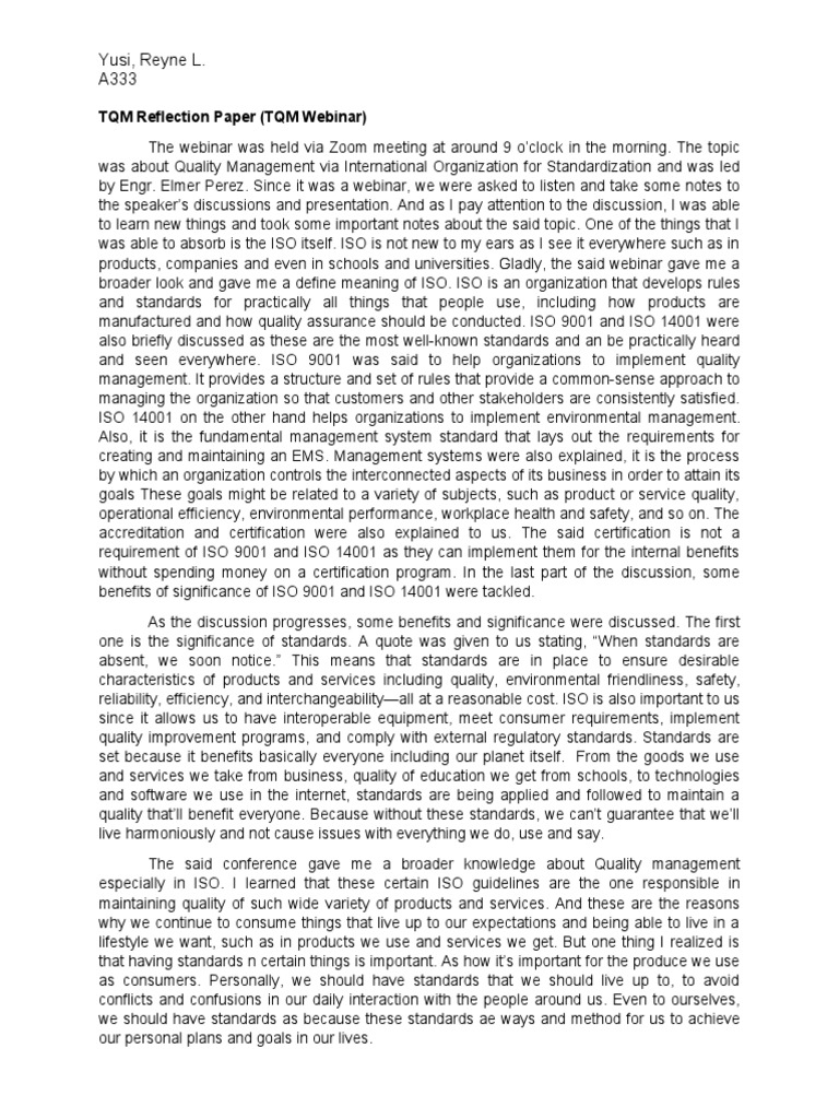 TQM Reflection Paper | PDF | Iso 9000 | Safety