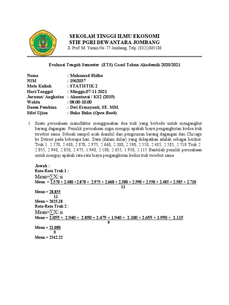 ETS Muhamad Ridho 1962037 Statistik 2 | PDF