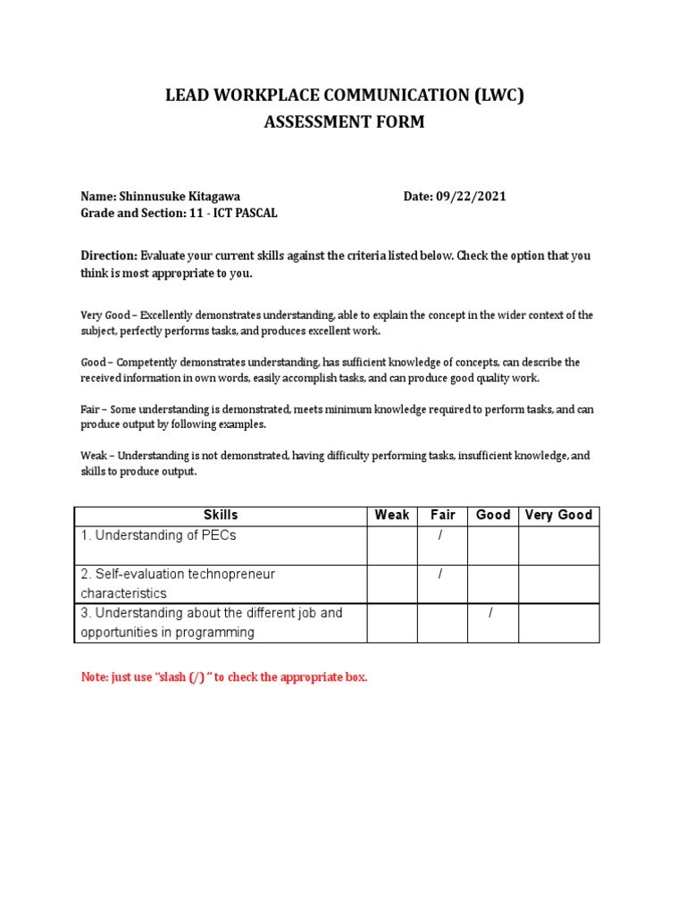 Lead Workplace Communication (LWC) Assessment Form | PDF