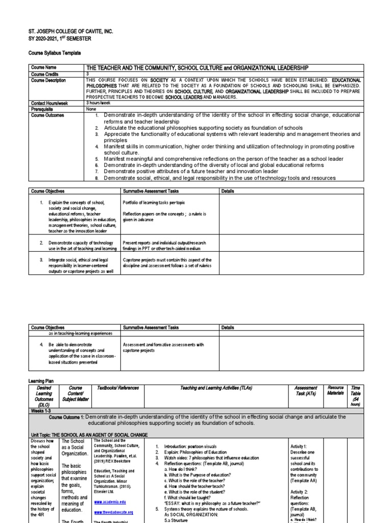 mjlNEW2sjc PROF ED 5 Sma Template For OBE Syllabus | PDF | Leadership ...