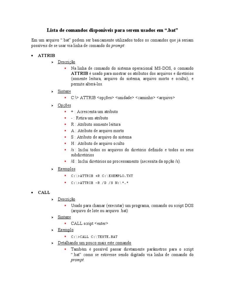 Comandos Bat | PDF | Arquivo de texto | Interface de linha de comando