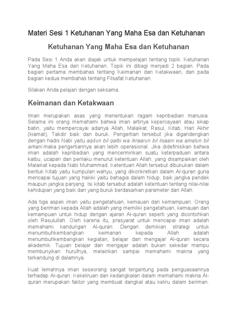 Materi Sesi 1 Ketuhanan Yang Maha Esa Dan Ketuhanan | PDF
