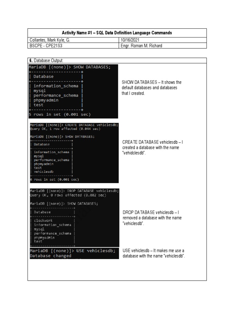 Hands-On Activity 1.1 SQL Data Definition Language Commands | Download Free PDF | Databases ...