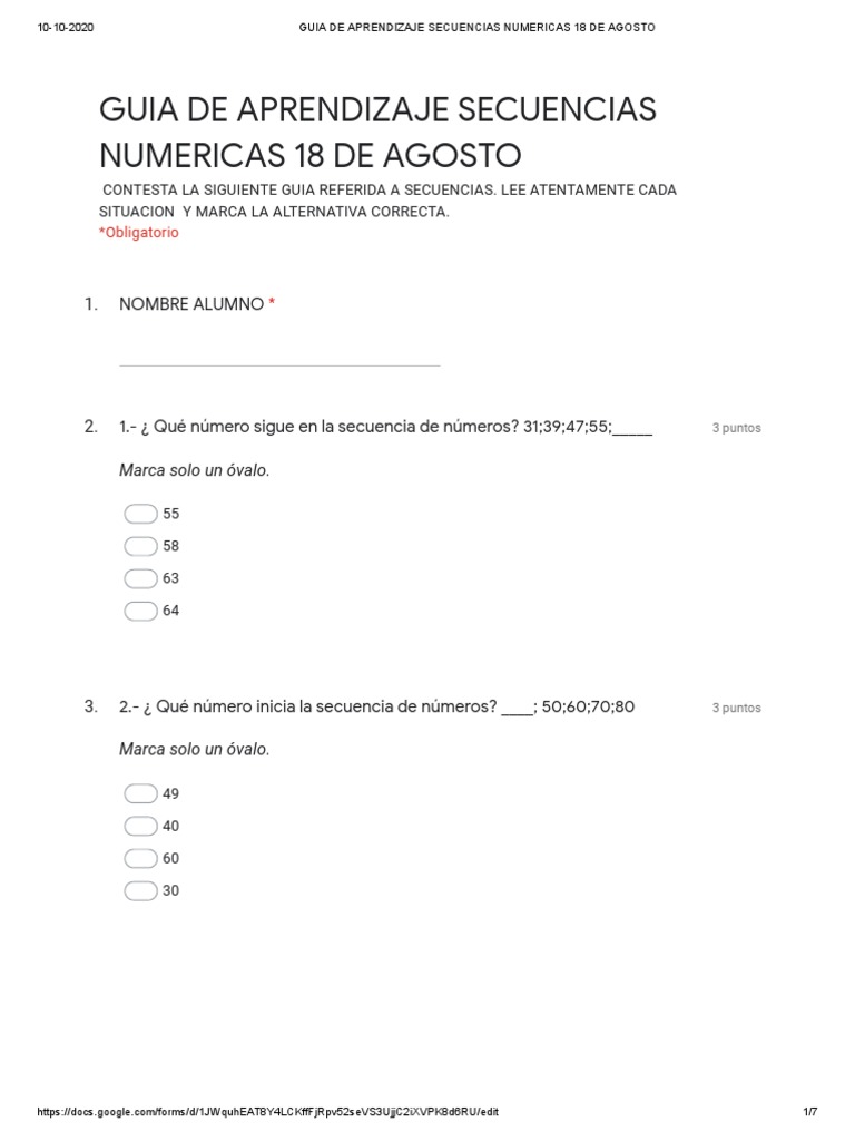Guia de Aprendizaje Secuencias Numericas - Formularios de Google | PDF