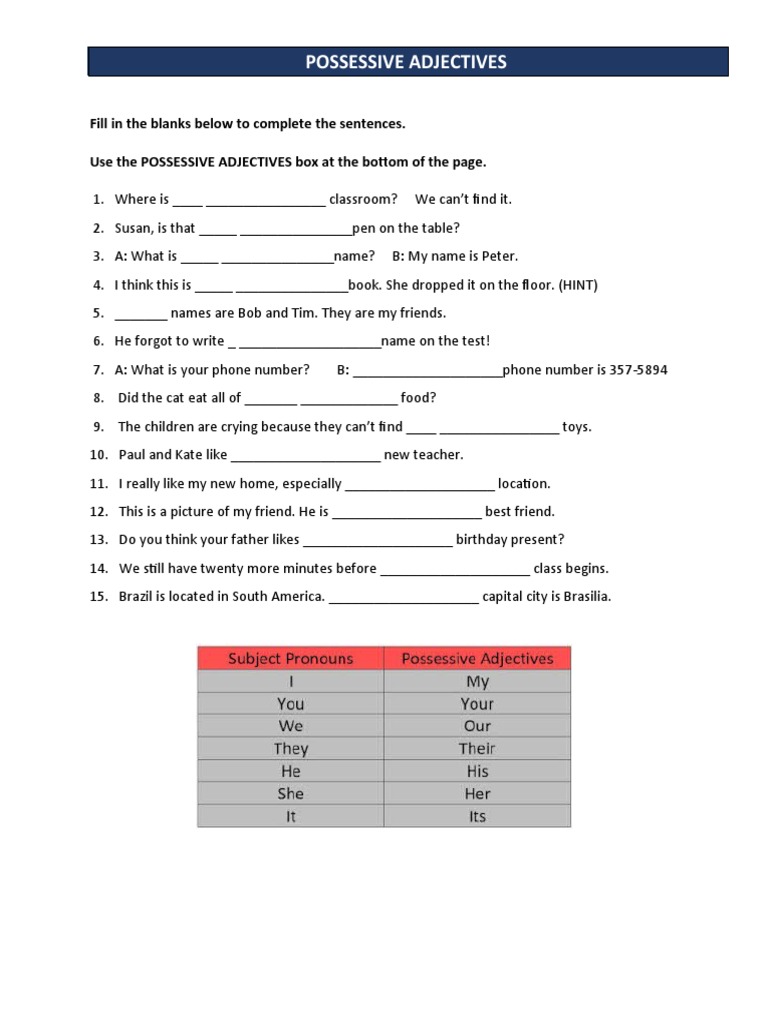 Possessive Adjectives Workshop | PDF