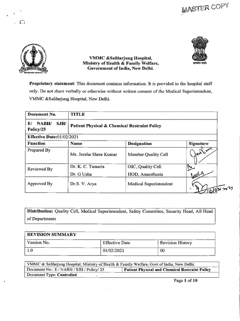 Policy Patient Physical & Chemical Restraint | PDF