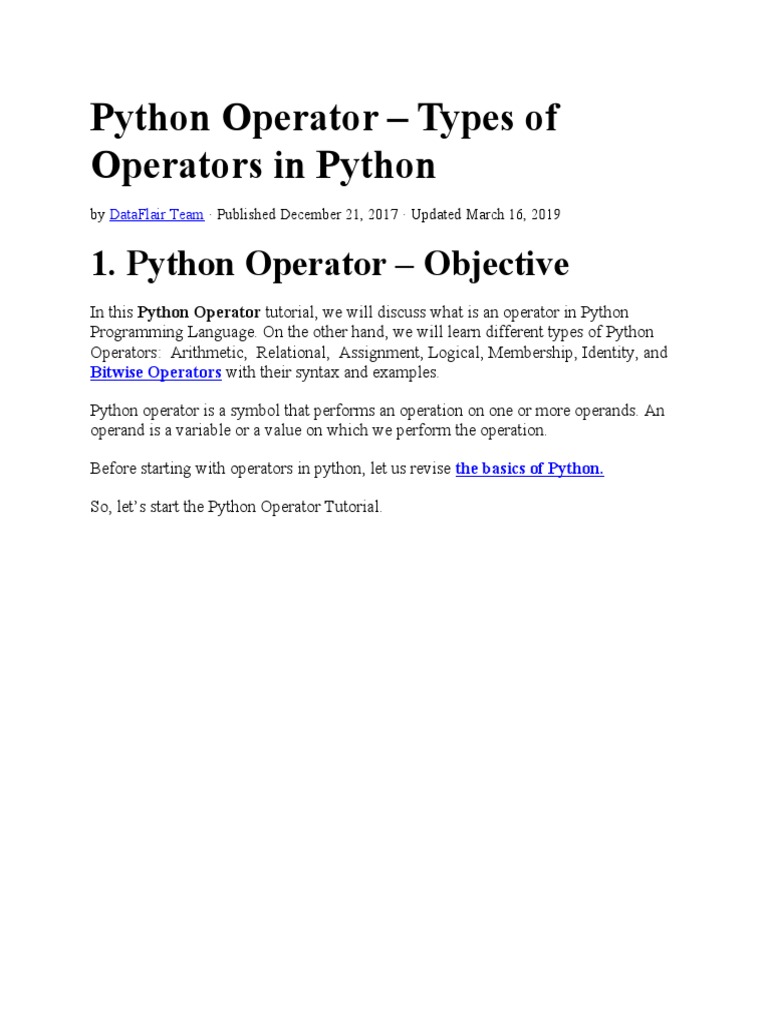 Python Operator Types Of Operators In Python Pdf Python