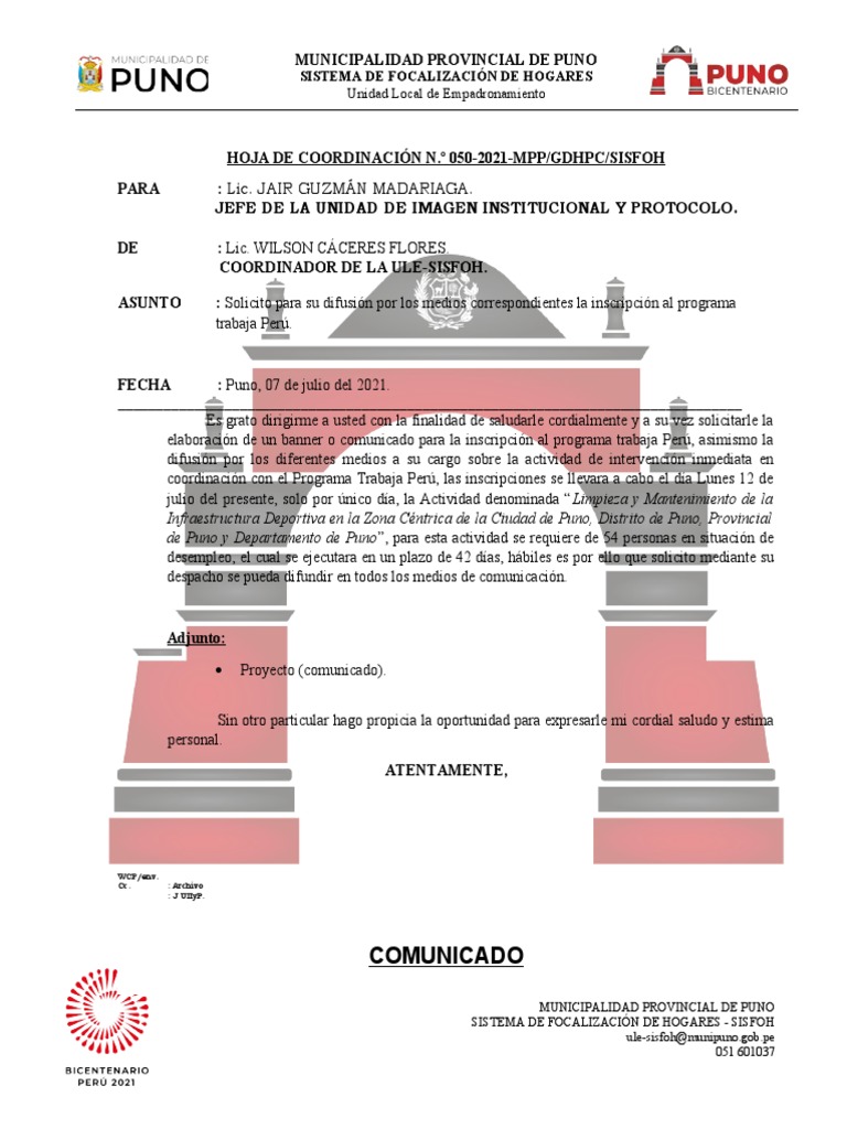 Hoja de Coordinacion 050 Imagen - Trabaja Peru Julio | PDF