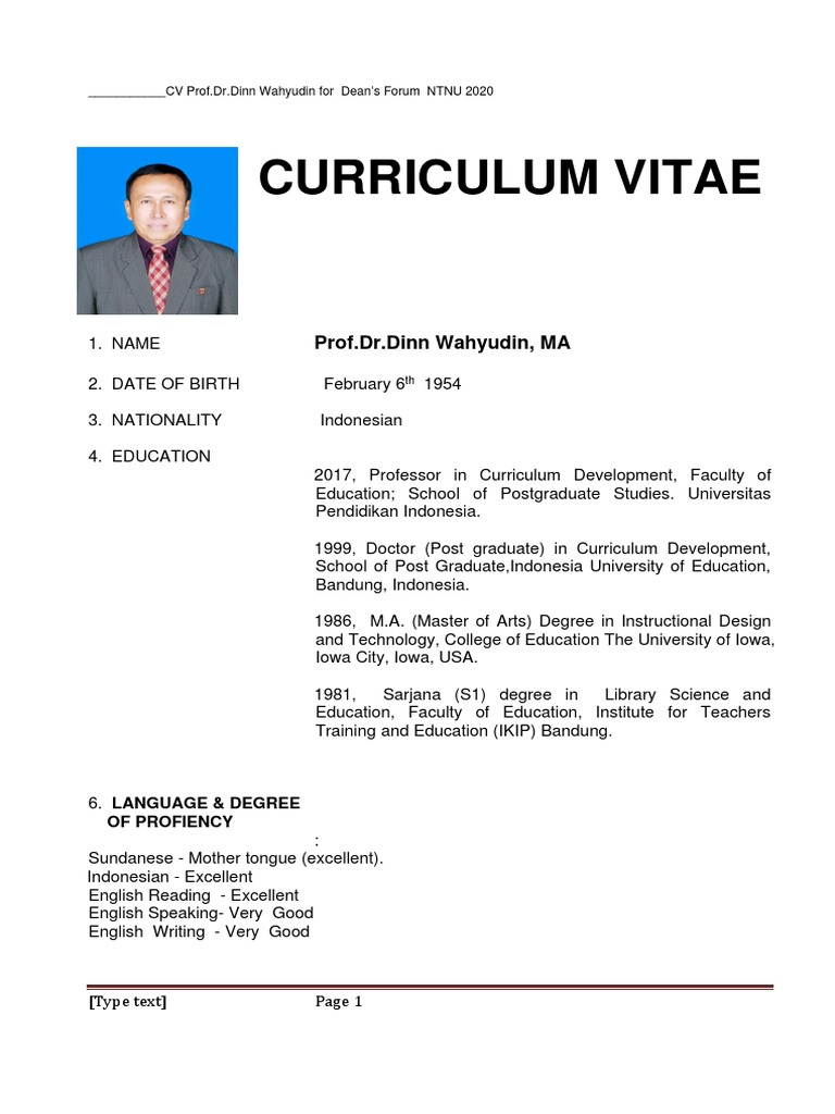 Curriculum Vitae: Prof - Dr.Dinn Wahyudin, MA | PDF | University | Academia