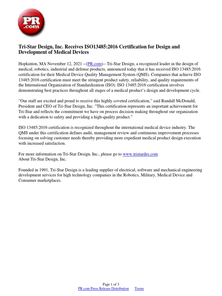 Tri-Star Design, Inc. Receives ISO13485:2016 Certification For Design ...