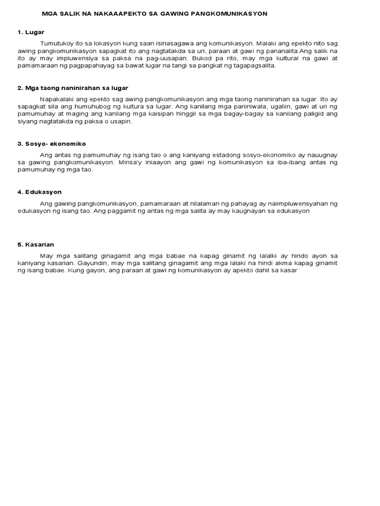 Mga Salik Na Nakaaapekto Sa Gawing Pangkomunikasyon | PDF
