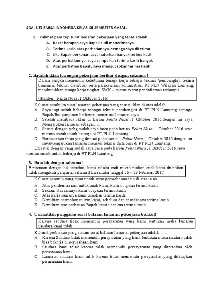 Soal Uts Bin KLS Xii Gasal Ida 2021 (Oktober) | PDF