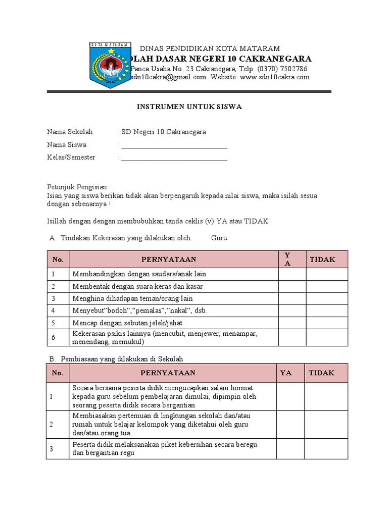 Lembar Instrumen Siswa | PDF