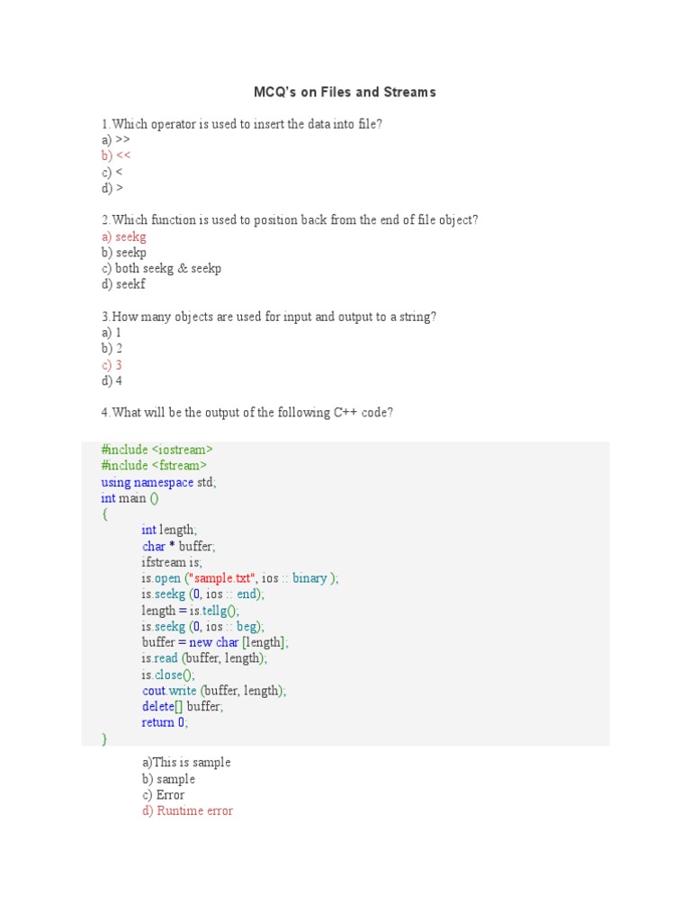 MCQ's on Files and Streams in C | PDF | Input/Output | Programming ...