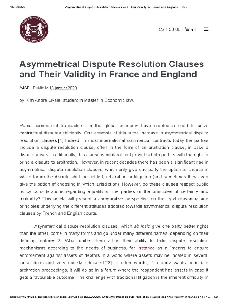 Asymmetrical Dispute Resolution Clauses and Their Validity in France ...