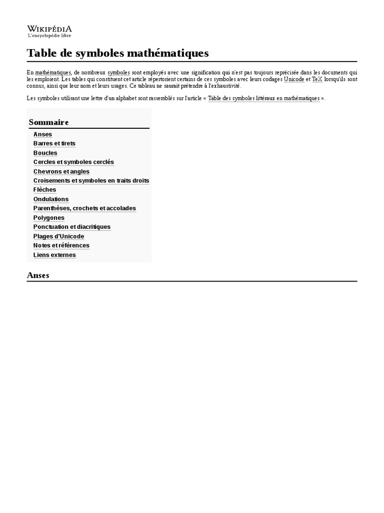 Table de Symboles Mathématiques | PDF | Division | Inclusion ...
