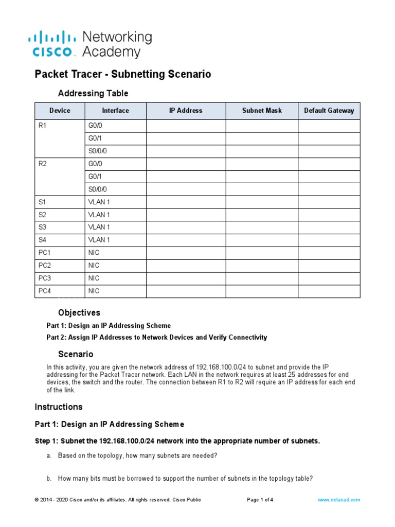 11 7 5 Packet Tracer Subnetting Scenario Ha 1 Pdf Ip Address Computer Network