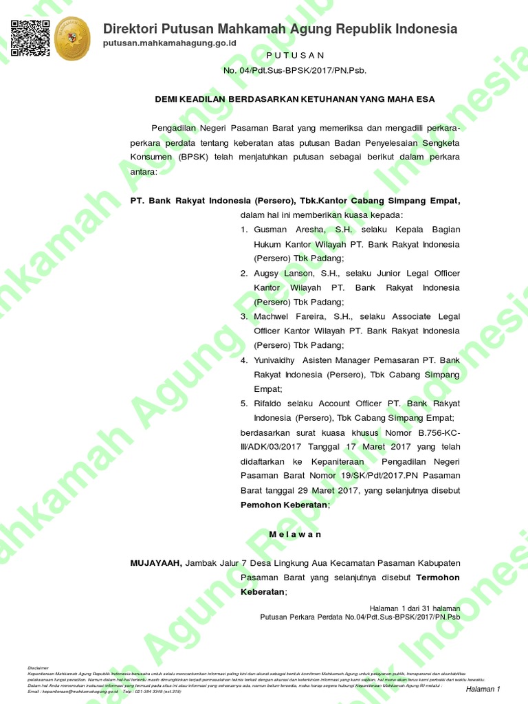 Putusan 04 PDT - Sus-Bpsk 2017 PN - PSB 20210623 | PDF