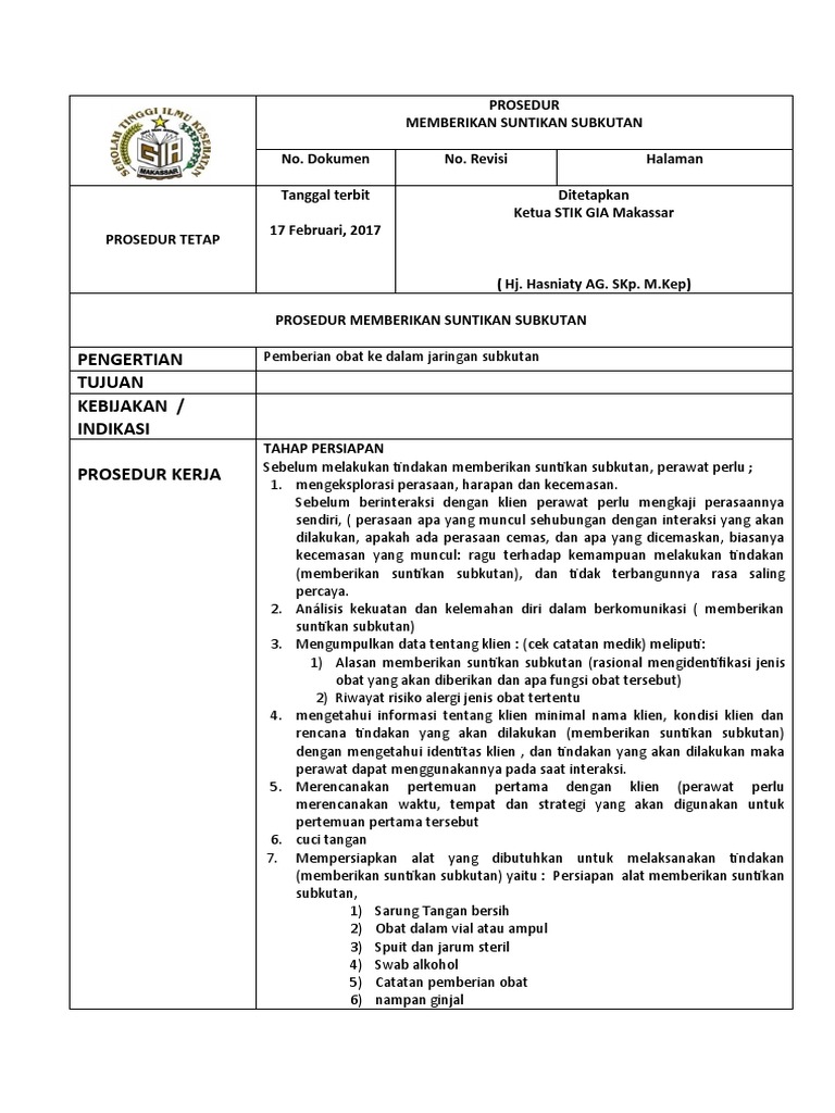 Sop Pemberian Obat Subkutan | PDF