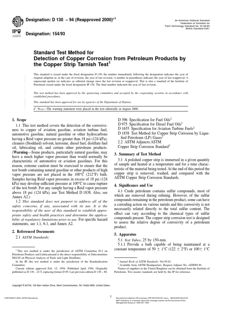 ASTM D-130(corrosión) | PDF | Gasoline | Chemistry