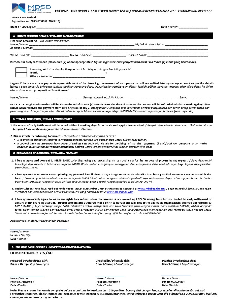 Early Settlement Form - Pfi | PDF
