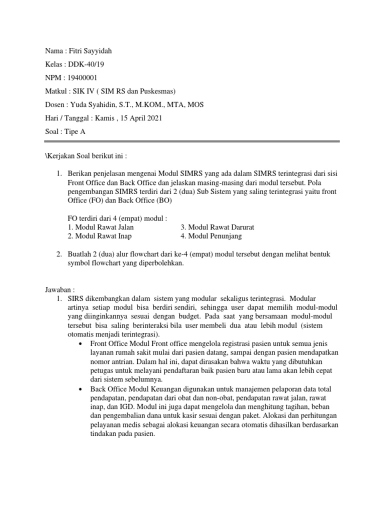 Tugas UTS SIK IV (SIM RS Dan Puskesmas) Fitri Sayyidah - 19400001 - DDK - 40-19 | PDF