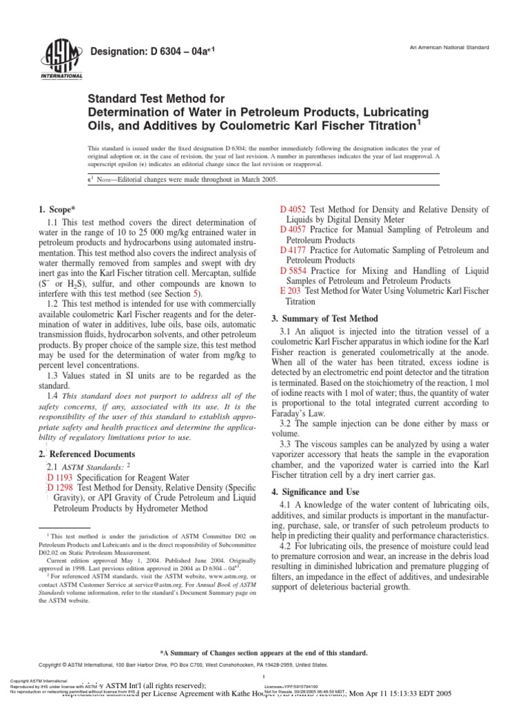 ASTM D 6304 Agua en Cdo K Fisher | PDF | Chemical Substances | Physical ...
