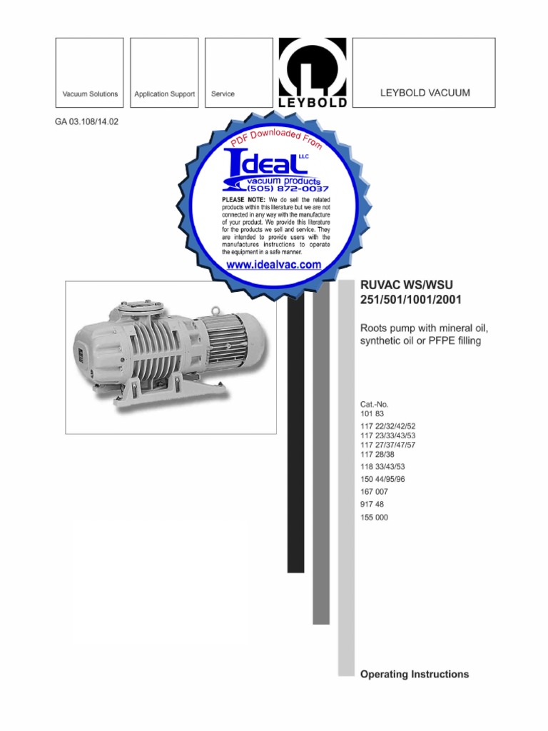 Leybold RUVAC WS WSU 251 501 1001 2001 Operation Manual | PDF | Pump ...