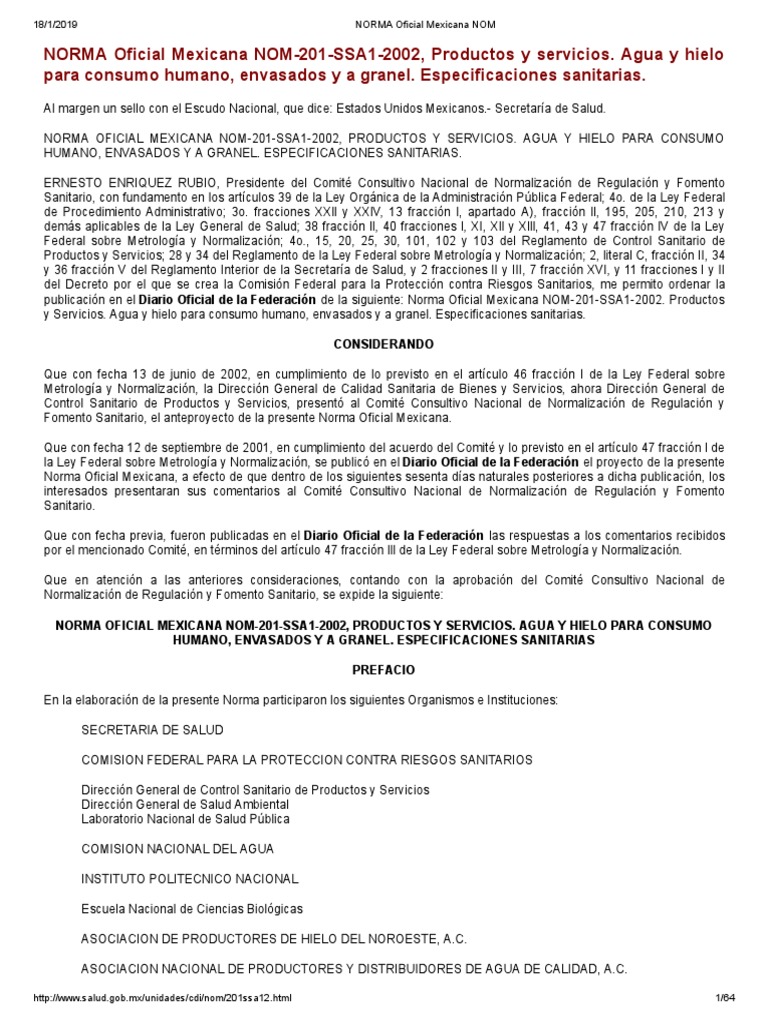NOM 201 SSA1 2002. Agua y Hielo para Consumo Humano | PDF | Agua | Agua potable