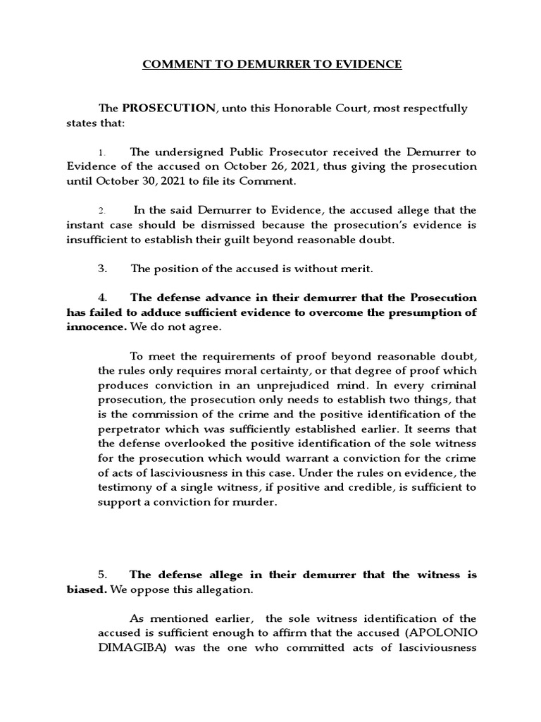 Comment To Demurrer To The Evidence | PDF | Witness | Prosecutor