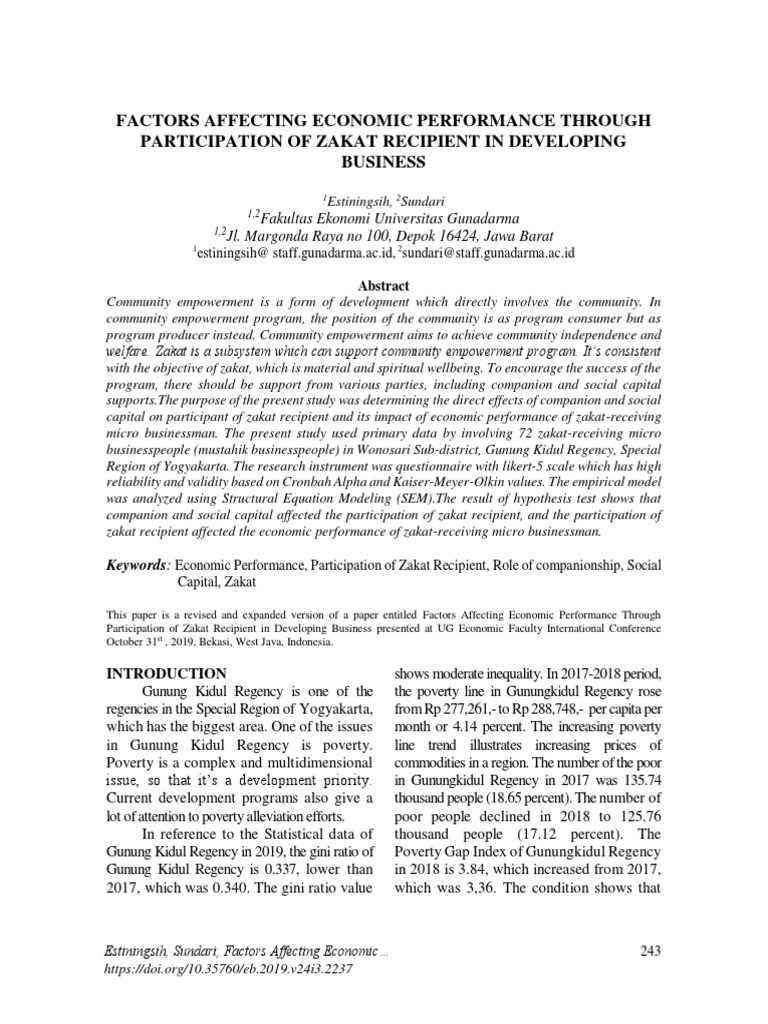 Factors Affecting Economic Performance Through Participation of Zakat Recipient in Developing ...
