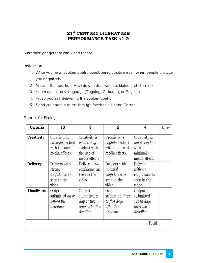 21st Century Literature Performance Task #2 | PDF
