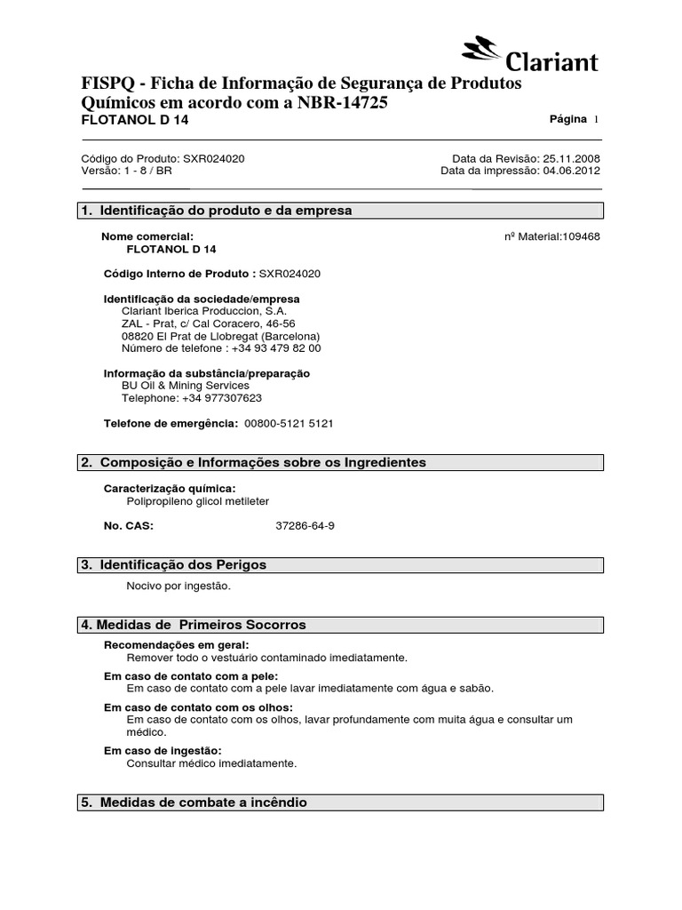 FISPQ - Flotanol D14 | PDF | Desperdício | Química