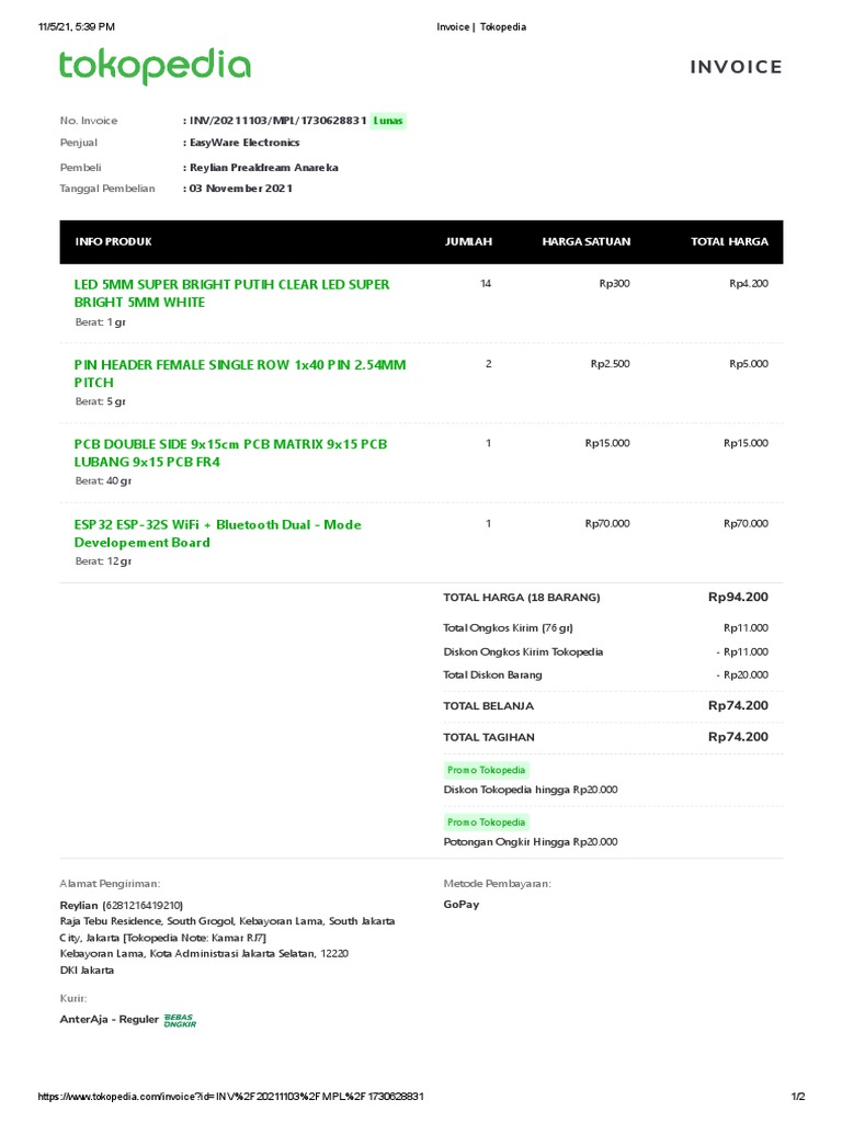 Invoice: Led 5Mm Super Bright Putih Clear Led Super Bright 5Mm White | PDF