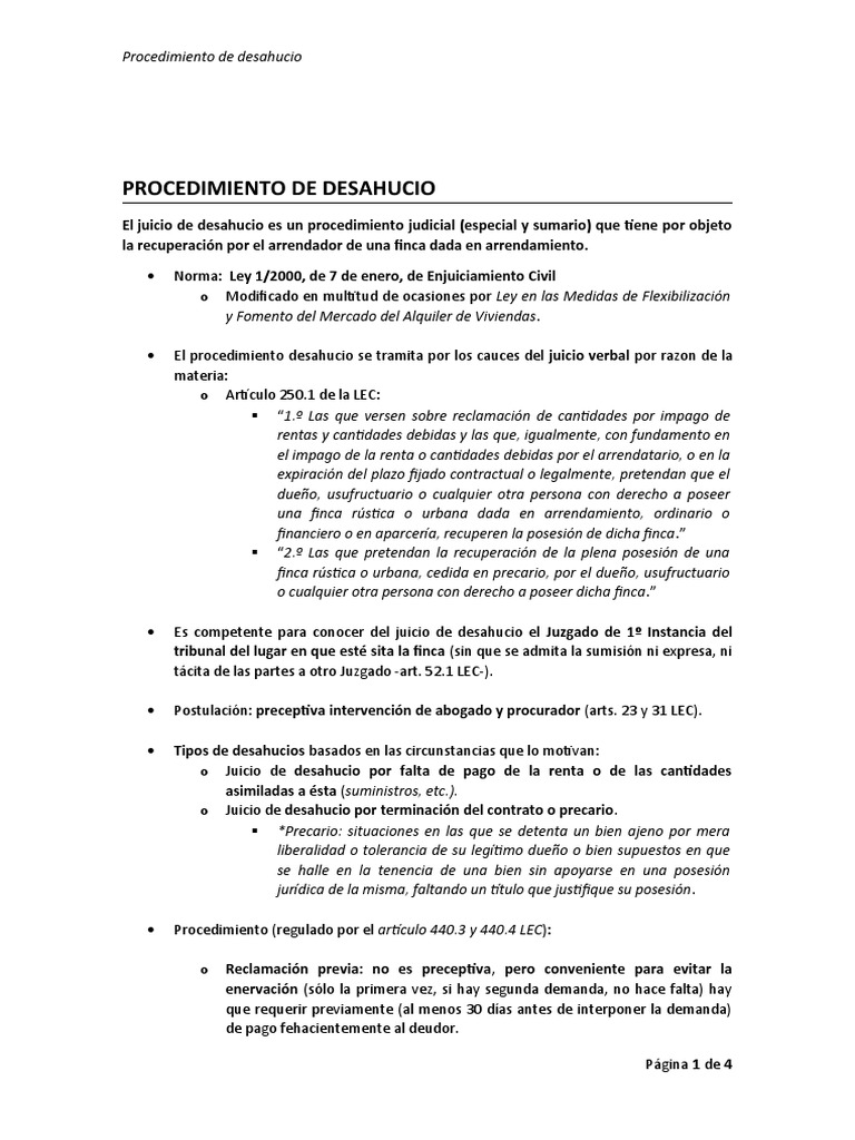 Apuntes Procedimiento de Desahucio | PDF | Desalojo | Demanda judicial