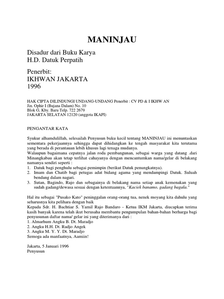Maninjau. Disadur Dari Buku Karya H.D. Datuk Perpatih Penerbit - Ikhwan ...