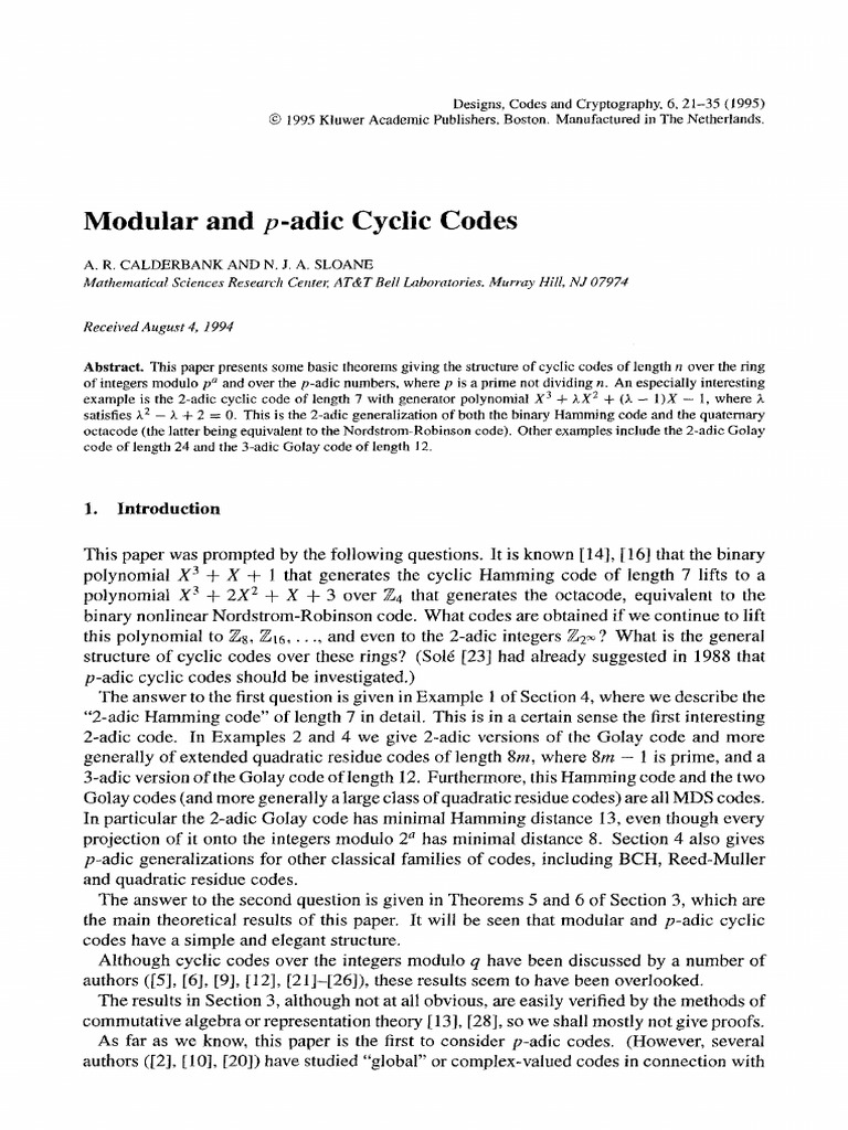 Modular and P-Adic Cyclic Codes | PDF | Ring (Mathematics) | Mathematical Concepts