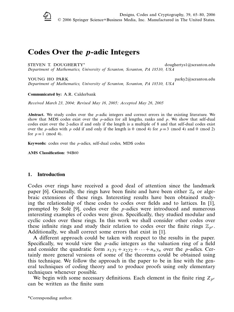 Codes Over The P-Adic Integers | PDF | Ring (Mathematics) | Abstract Algebra